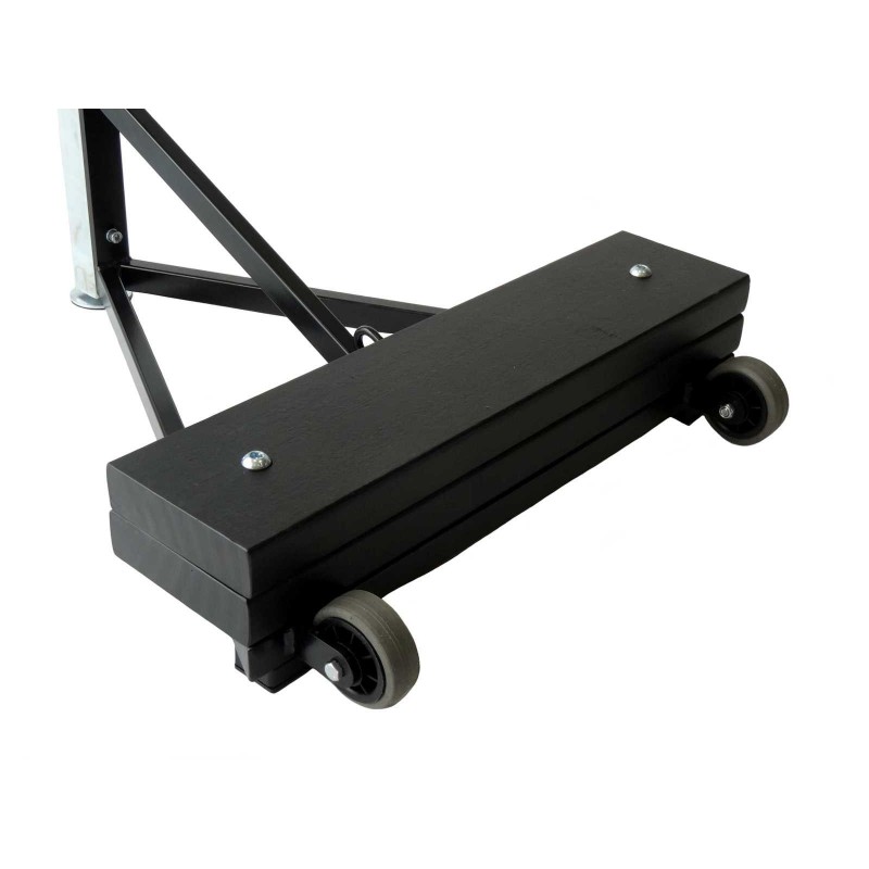 Portable badminton stand on wheels, with regulated load